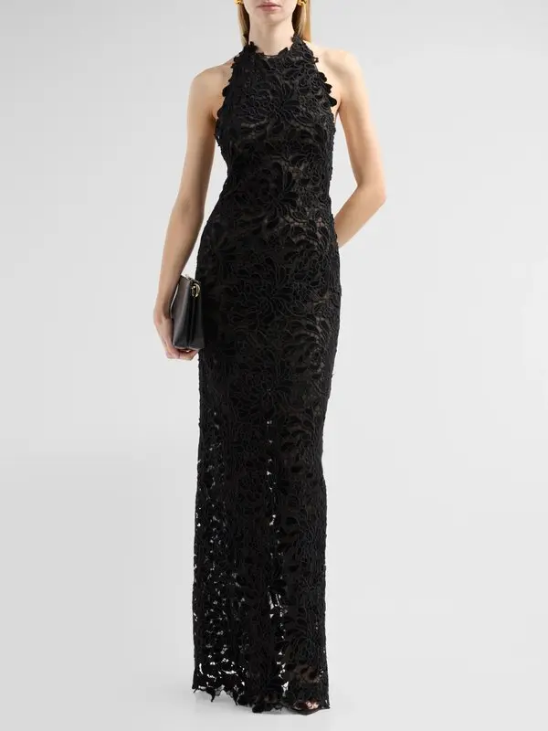 Oscar De La Renta Chrysanthemum Velvet Halter Gown