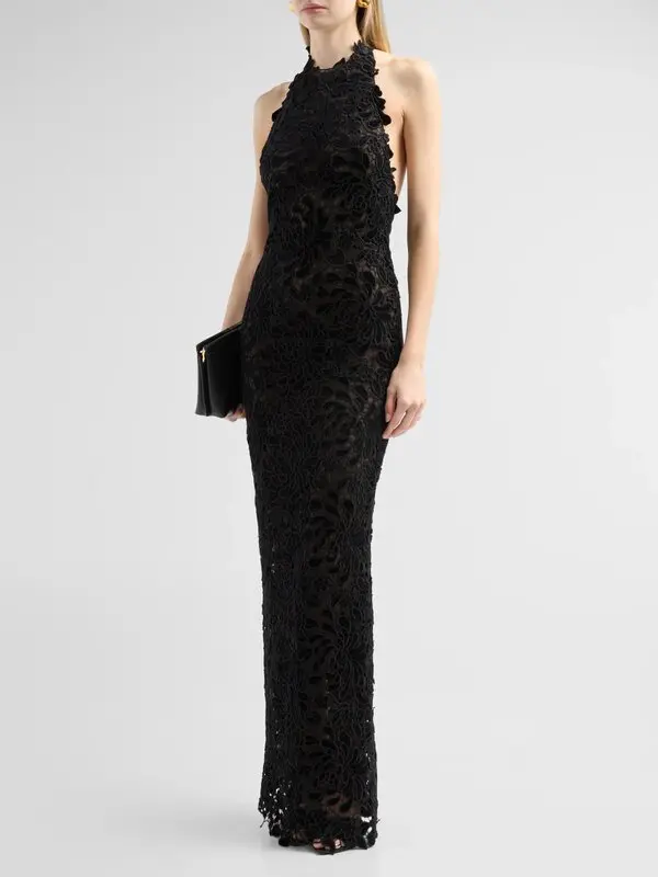 Oscar De La Renta Chrysanthemum Velvet Halter Gown