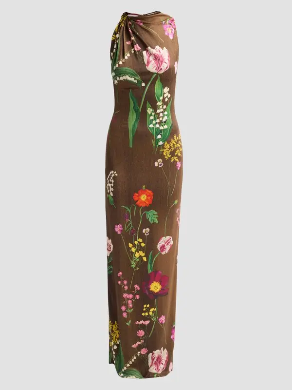 Oscar De La Renta Mixed Botanical Jersey Day Dress - Brown Multi
