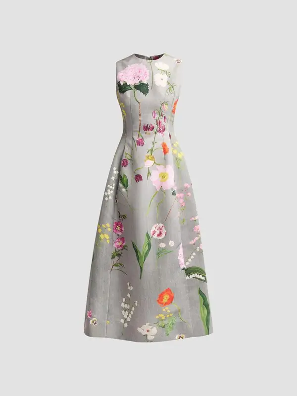 Oscar De La Renta Mixed Botanical Faille Cocktail Dress - Grey Multi