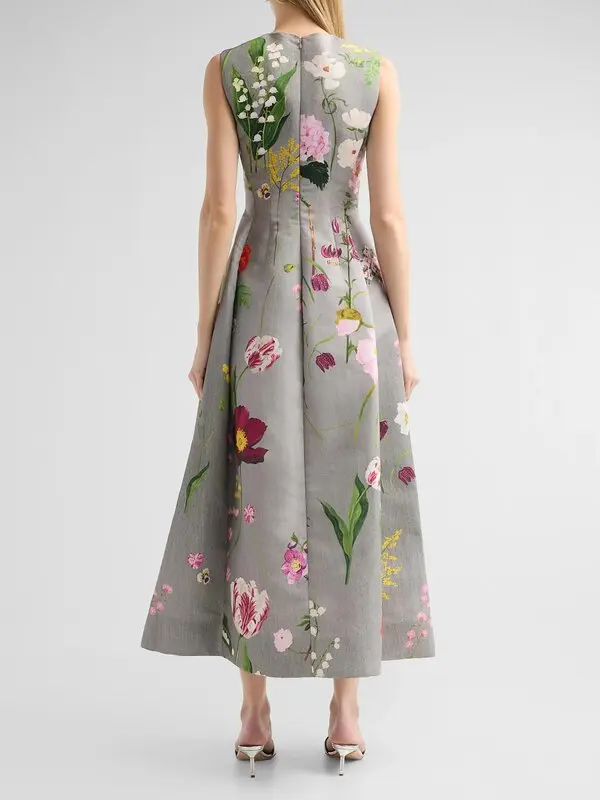 Oscar De La Renta Mixed Botanical Faille Cocktail Dress