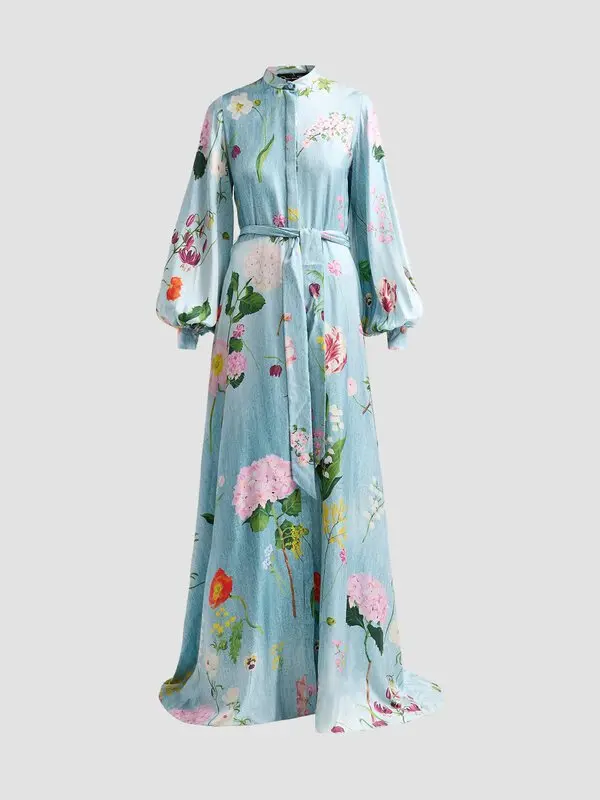 Oscar De La Renta Mixed Botanical Silk Twill Caftan Dress - Blue Multi