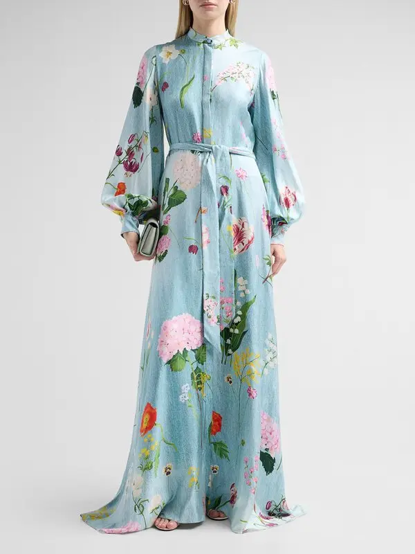 Oscar De La Renta Mixed Botanical Silk Twill Caftan Dress