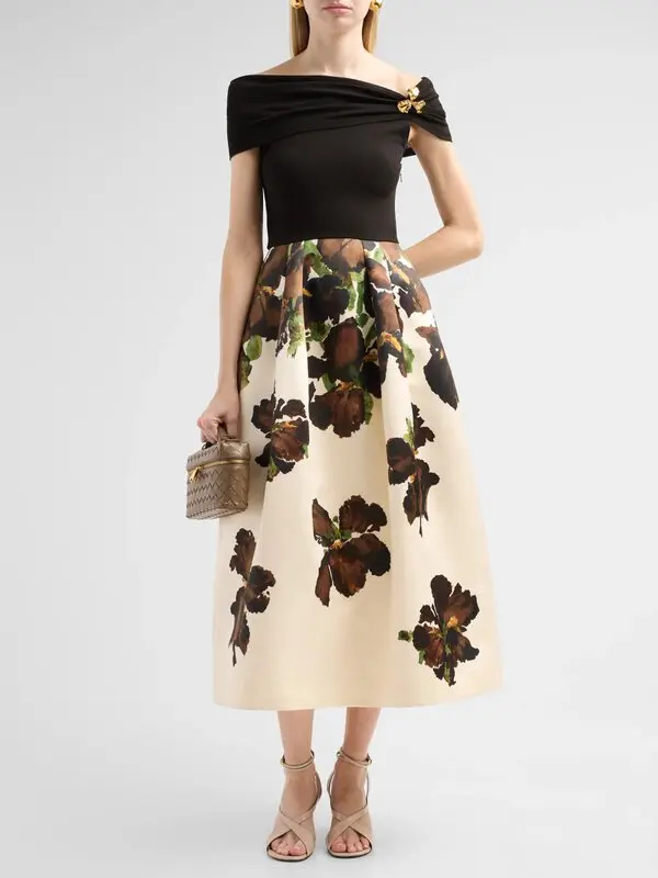 Oscar De La Renta Iris Mix Media Off-the-shoulder Day Dress