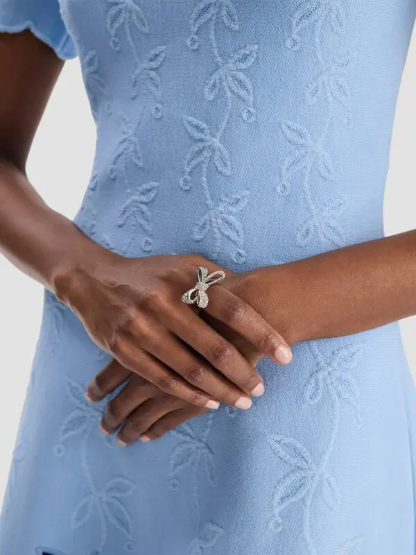 Oscar De La Renta Silvertone & Glass Crystal Bow Ring