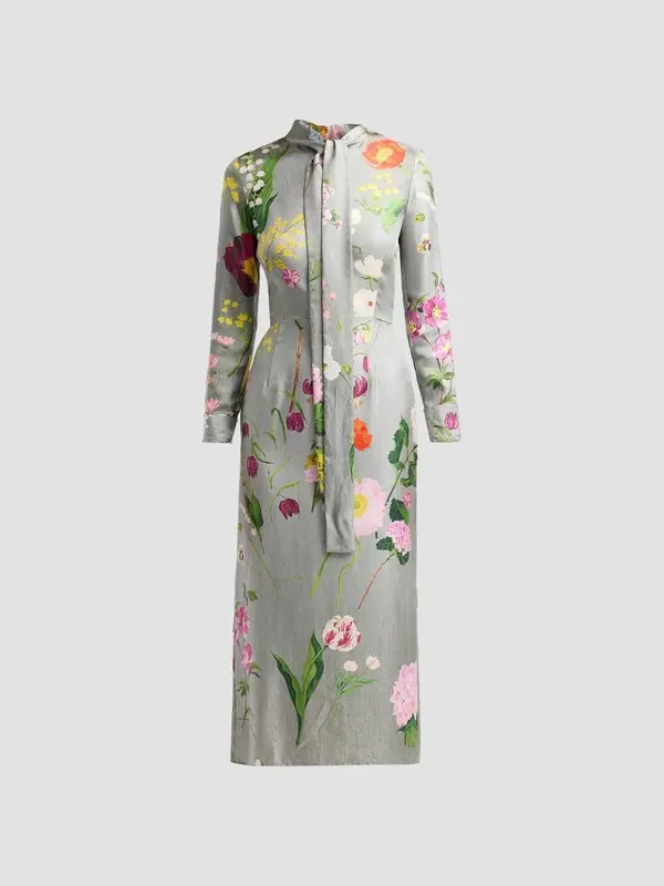 Oscar De La Renta Mixed Botanical Silk Long-sleeve Midi Dress - Grey Multi