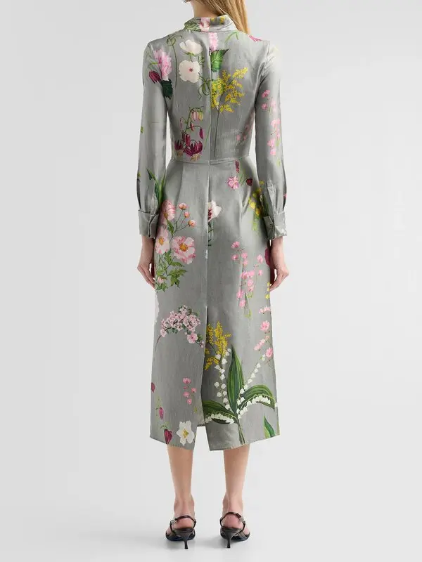 Oscar De La Renta Mixed Botanical Silk Long-sleeve Midi Dress