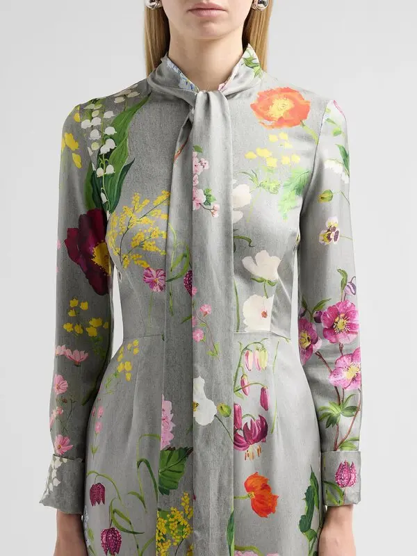 Oscar De La Renta Mixed Botanical Silk Long-sleeve Midi Dress