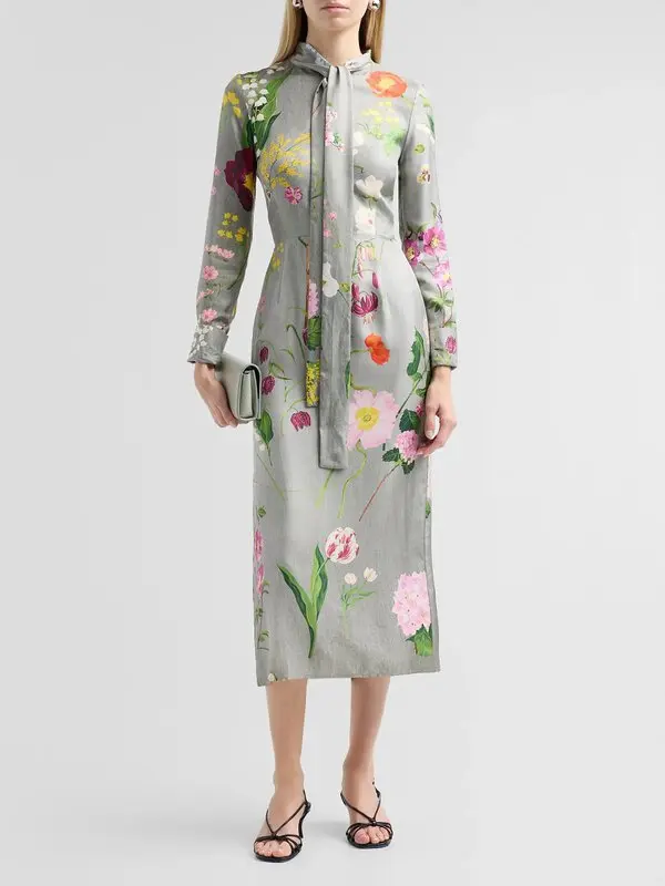 Oscar De La Renta Mixed Botanical Silk Long-sleeve Midi Dress