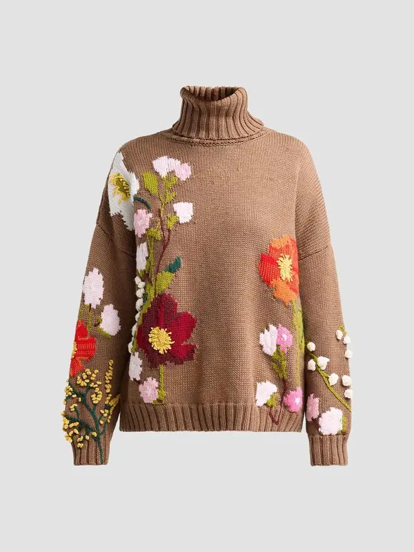 Oscar De La Renta Floral-embroidered Intarsia-knit Wool Sweater