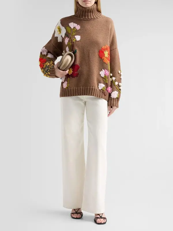 Oscar De La Renta Floral-embroidered Intarsia-knit Wool Sweater