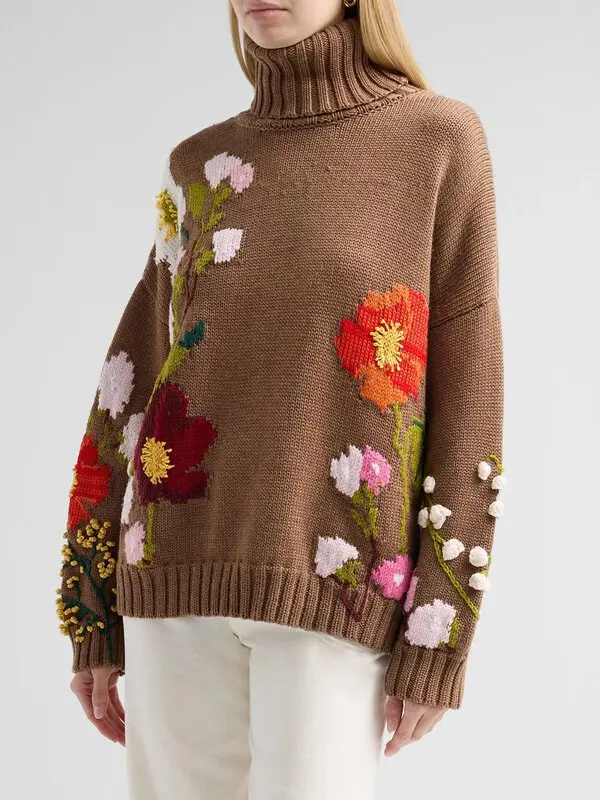 Oscar De La Renta Floral-embroidered Intarsia-knit Wool Sweater