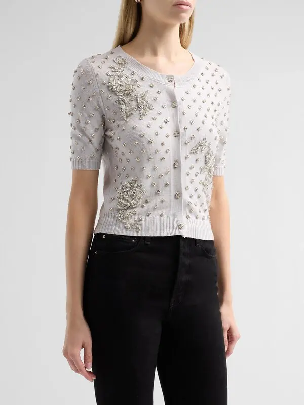Oscar De La Renta Crystal Floral-embroidered Wool Cardigan