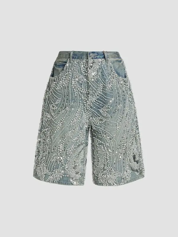 PURPLE BRAND Embellished Wide-leg Denim Shorts - Light Indigo