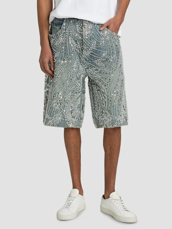 PURPLE BRAND Embellished Wide-leg Denim Shorts