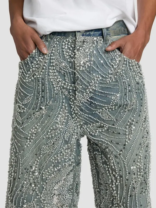 PURPLE BRAND Embellished Wide-leg Denim Shorts