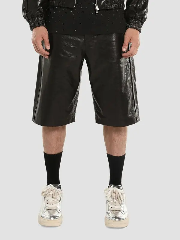 PURPLE BRAND Leather Straight-leg Shorts - Black