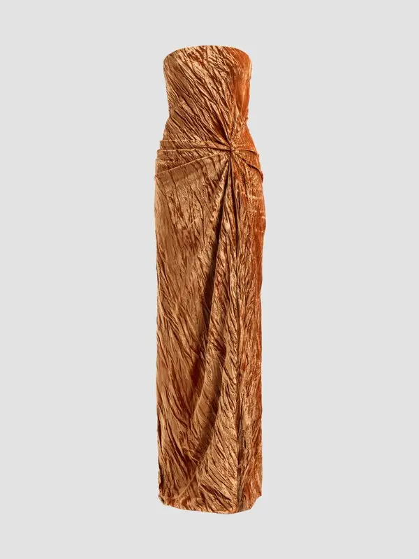 Oscar De La Renta Pleated Velvet Draped Strapless Gown - Copper