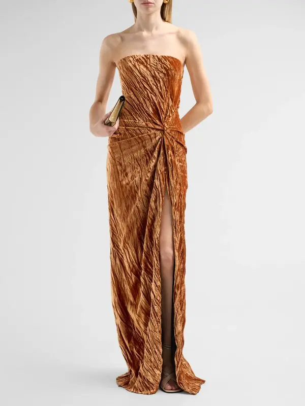 Oscar De La Renta Pleated Velvet Draped Strapless Gown