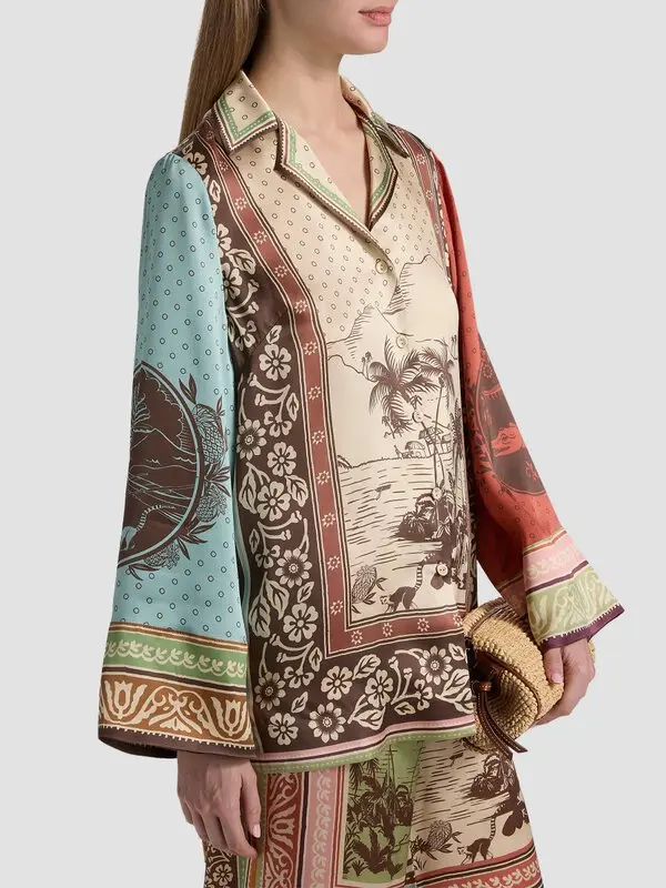 ALEMAIS Alberta Tropical Print Silk Relaxed-fit Shirt
