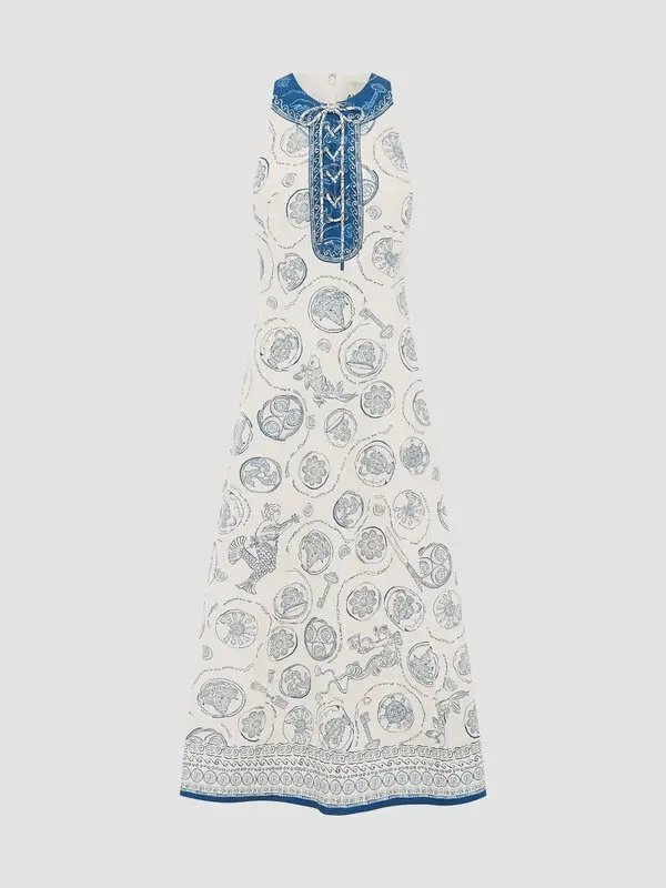 ALEMAIS Lucky Mixed-print Linen Lace-up Midi-dress