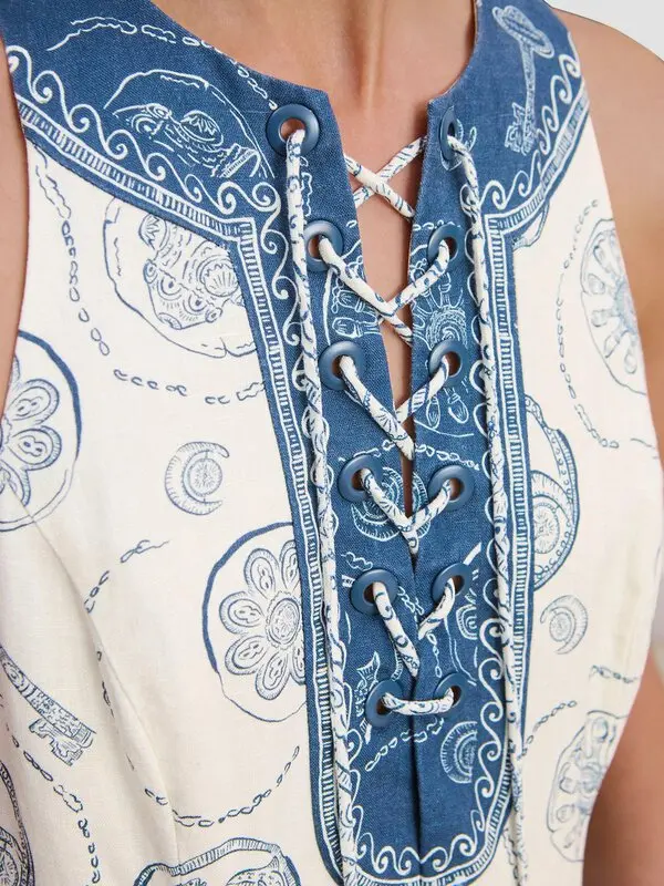 ALEMAIS Lucky Mixed-print Linen Lace-up Midi-dress