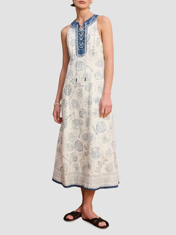 ALEMAIS Lucky Mixed-print Linen Lace-up Midi-dress