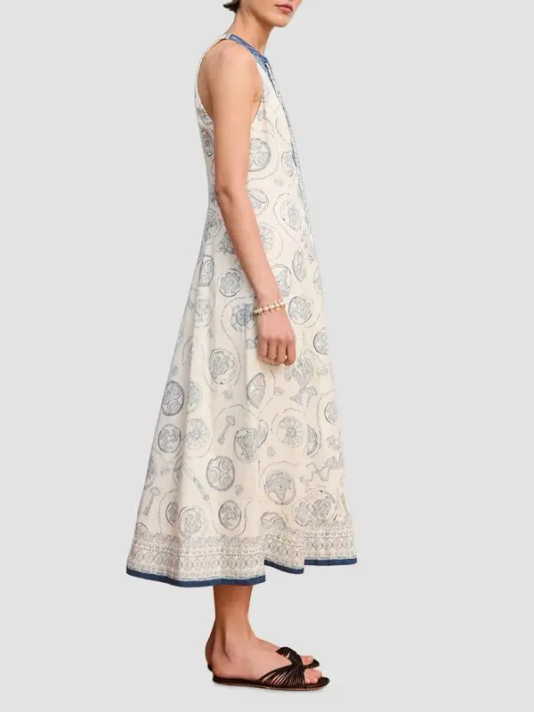 ALEMAIS Lucky Mixed-print Linen Lace-up Midi-dress