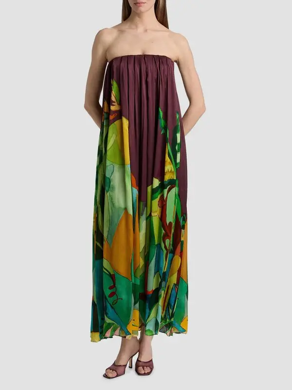 ALEMAIS Mokshini Tropical Print Silk Strapless Midi-dress