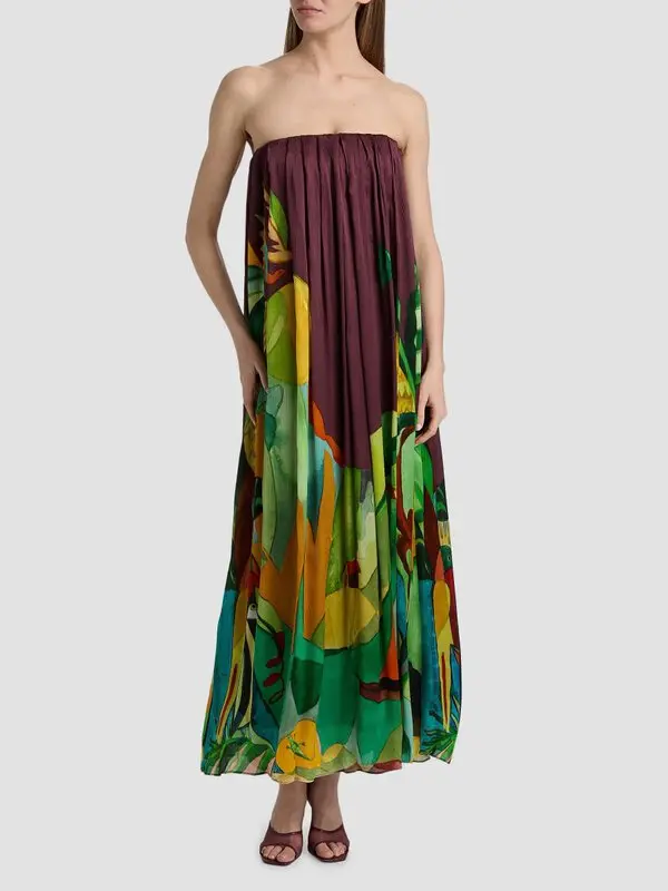 ALEMAIS Mokshini Tropical Print Silk Strapless Midi-dress