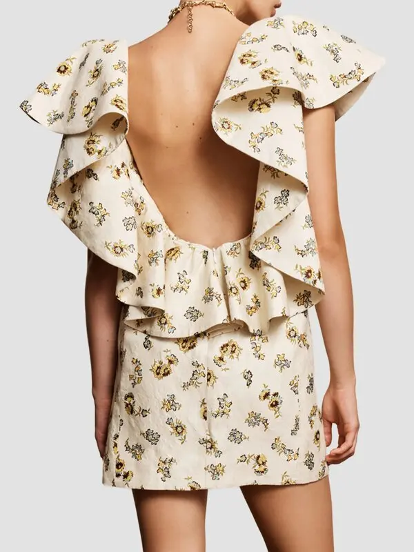ALEMAIS Carrie Floral Silk Satin Ruffle Mini Dress