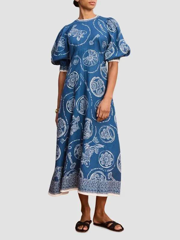 ALEMAIS Lucky Printed Linen Puff-sleeve Midi-dress