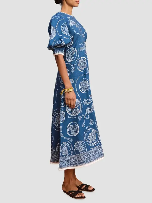 ALEMAIS Lucky Printed Linen Puff-sleeve Midi-dress