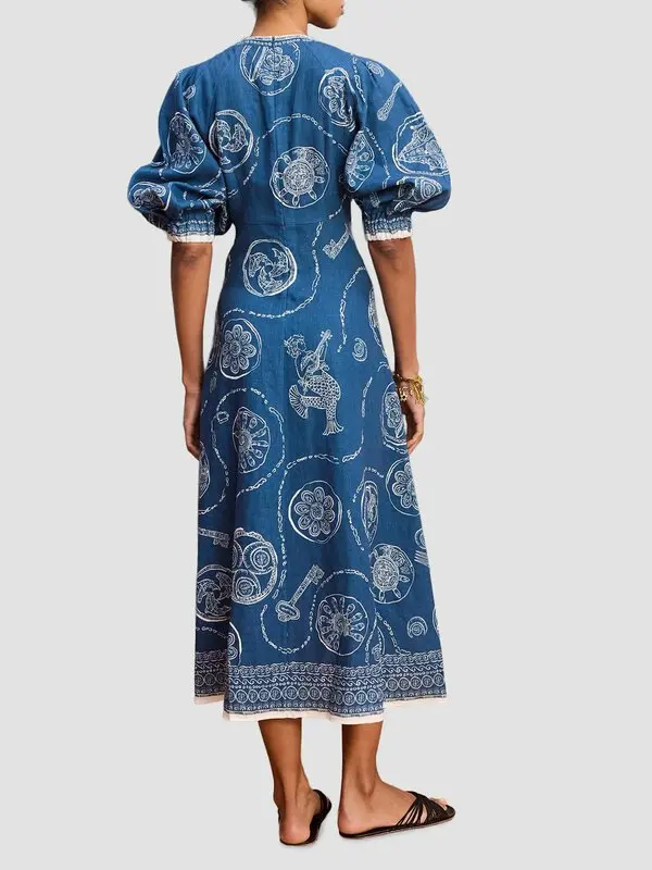 ALEMAIS Lucky Printed Linen Puff-sleeve Midi-dress