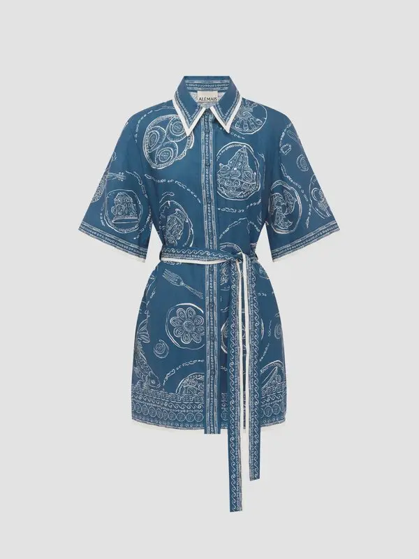 ALEMAIS Lucky Printed Linen Mini Dress - Blue
