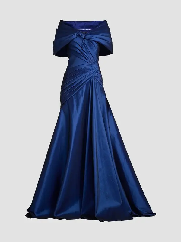 Tadashi Shoji Pleated Taffeta Portrait Gown - Navy