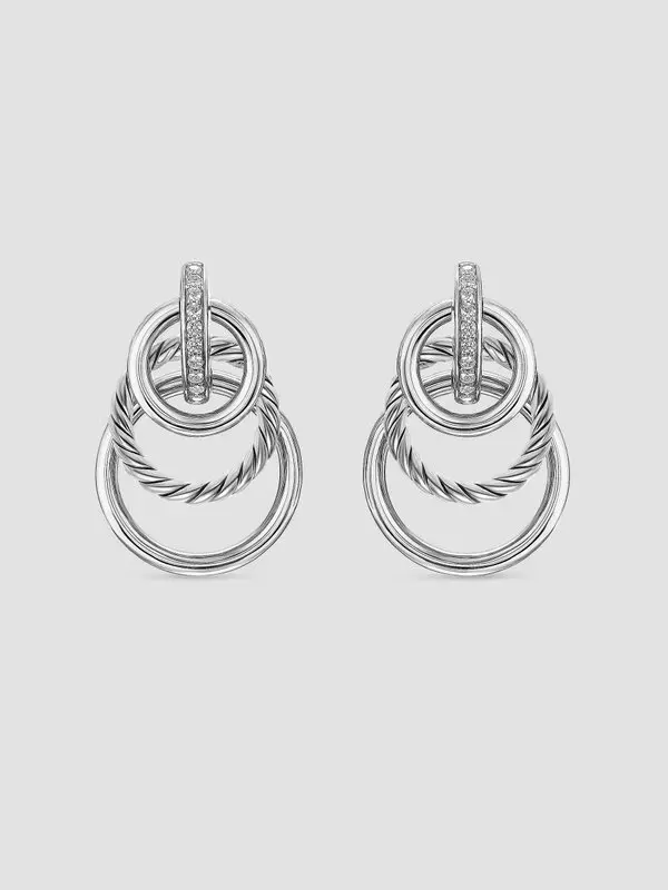 David Yurman Dy Mercer Triple Ring Drop Earrings In Sterling With Diamonds, 35.6mm - Silver