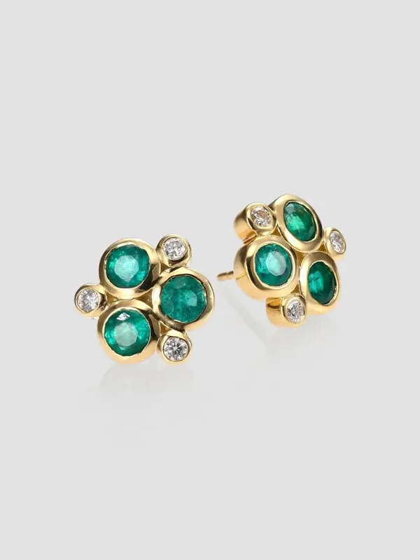 Temple St. Clair Classic Color Diamond & 18k Yellow Gold Trio Earrings - Emerald