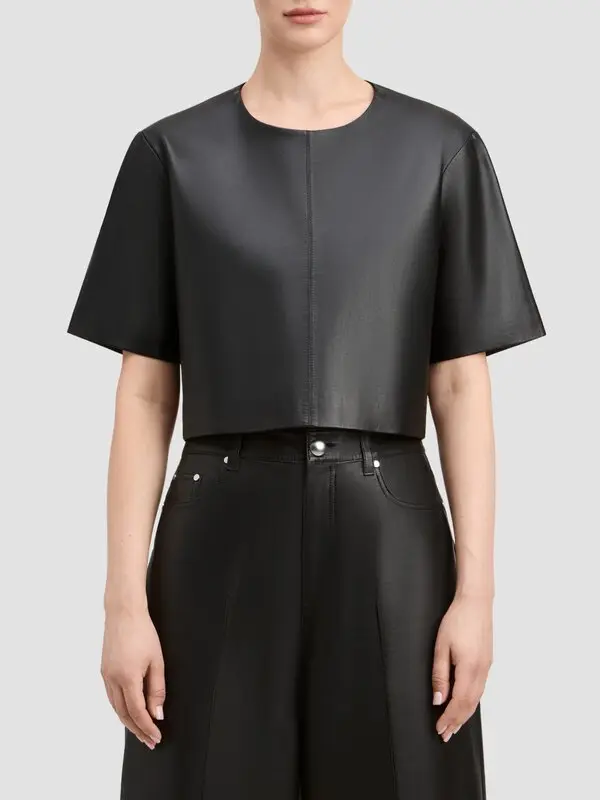Derek Lam 10 Crosby Billie Paper Leather Short Sleeve Crop Top