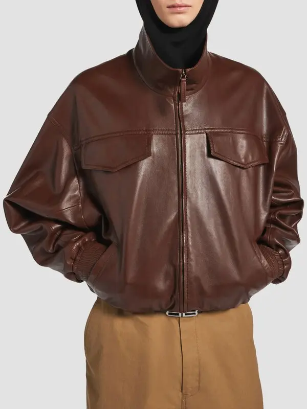 Balenciaga High Collar Leather Bomber Jacket