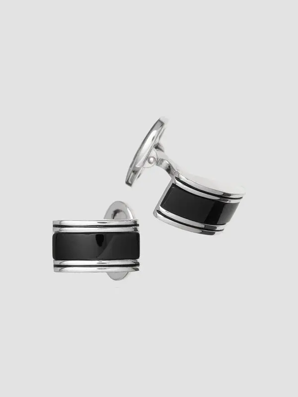 JAN LESLIE Linear Etch Sterling Silver & Onyx Rectangular Cufflinks