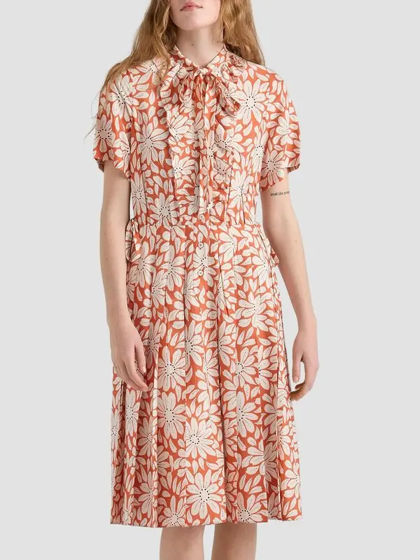 Prada Printed Pleated Pongé Dress