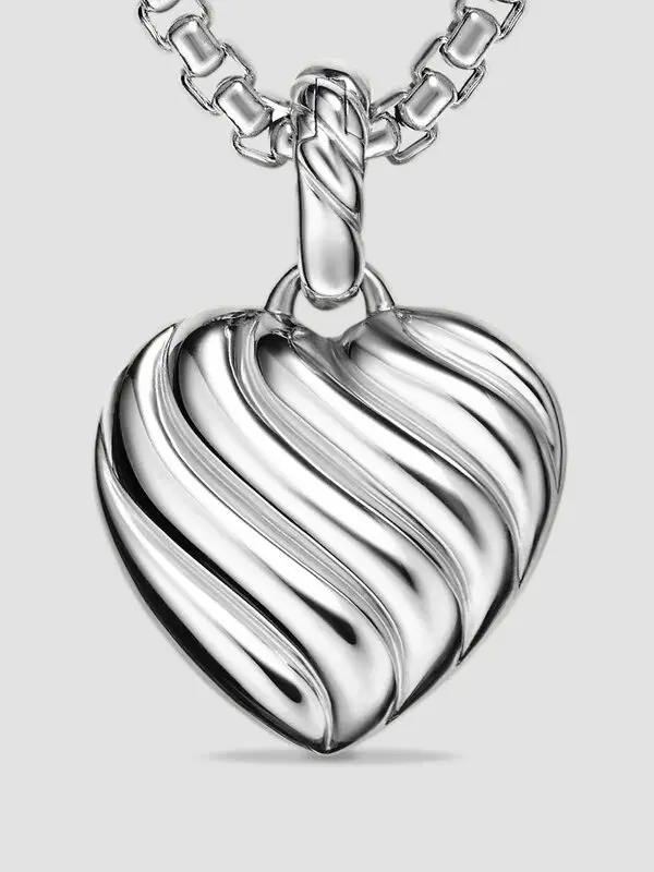 David Yurman Puffy Heart Amulet In Sterling Silver With Diamonds, 17mm