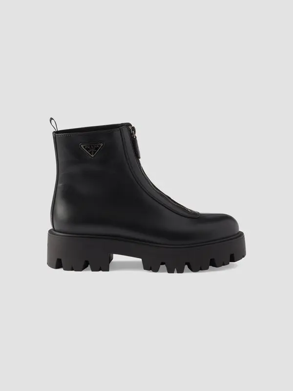 Prada Leather Zipper Booties - Black