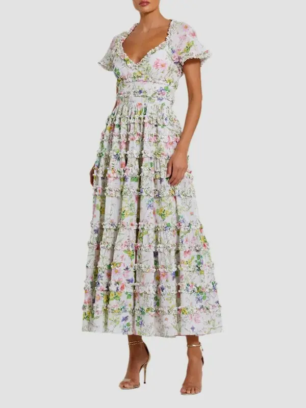 Mac Duggal Floral Ruffle Open-back Cocktail Dress
