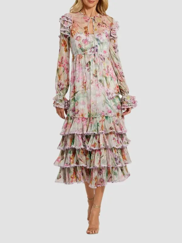 Mac Duggal Floral Chiffon Tieneck Tiered Midi-dress