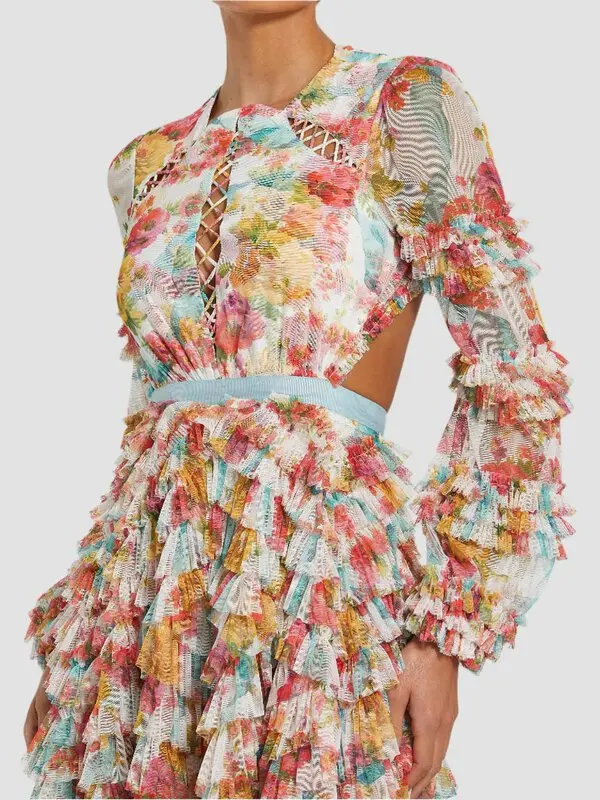 Mac Duggal Cocktail Floral Mesh Ruffled Cut-out Midi-dress