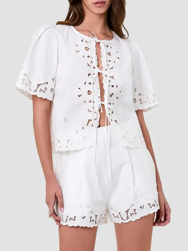 NICHOLAS THE LABEL Isabel Embroidered Tie-front Cotton Top