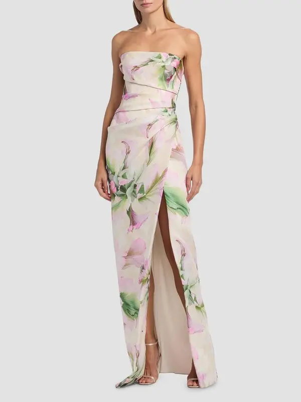 Monique Lhuillier Floral Mikado Strapless Gown