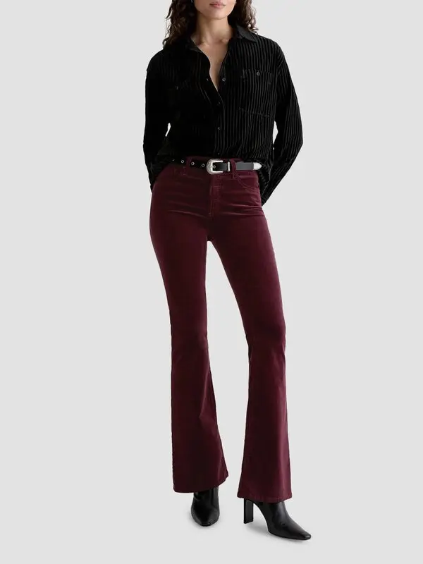 Ag Farrah Stretch-velvet High-rise Boot-cut Pants - Winery